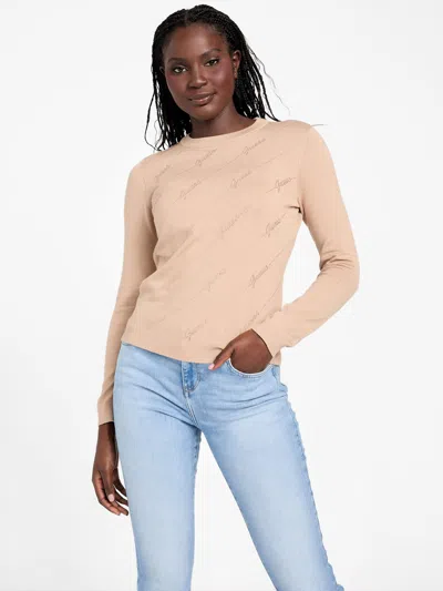 Guess Factory Peggy Rhinestone Logo Sweater In Beige | ModeSens
