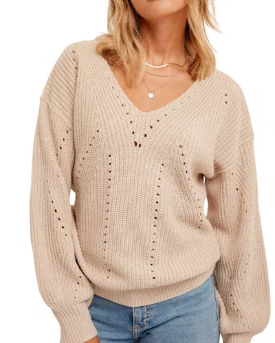 Hem & Thread Renata V Neck Bubble Sleeve Pullover Sweater In Soft Taupe ...