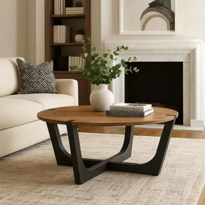Hivvago Leyi Round Coffee Table, Angled Legs, 44 Inch Brown Mango Wood ...
