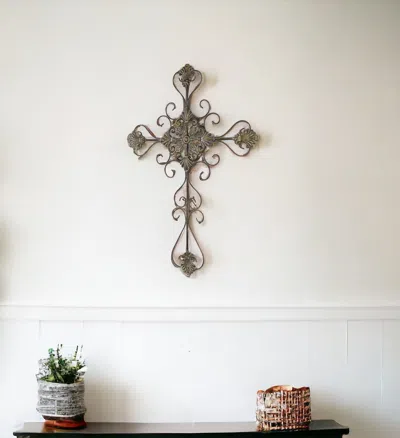 Homezia 29" Gray Metal Scroll Design Gray Hanging Cross Wall Decor ...
