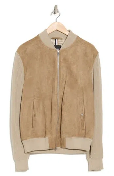 Hugo Boss Mersey Suede Bomber Jacket In Dark Beige | ModeSens