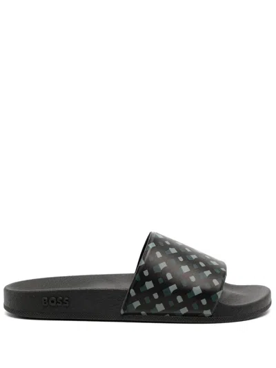 Hugo Boss Monogram-print Moulded-footbed Slides In Black | ModeSens