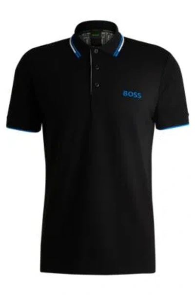 Hugo Boss Polo Shirt With Contrast Logos In Black | ModeSens