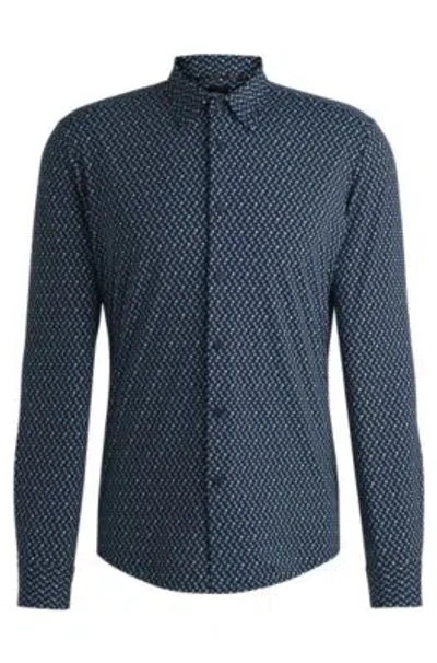 Hugo Boss Slim-fit Shirt In Printed Performance-stretch Jersey In Blue ...