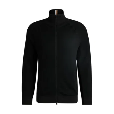 Hugo Boss Zip-up Cardigan In Wool In Black | ModeSens