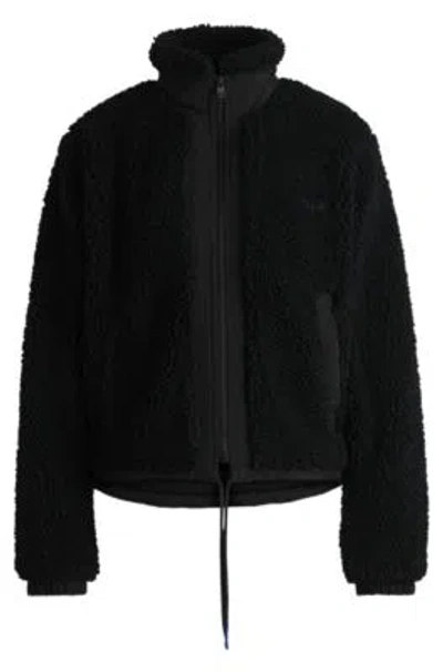 Hugo Zip Up Teddy Jacket With Smiley Face Logo In Black Modesens