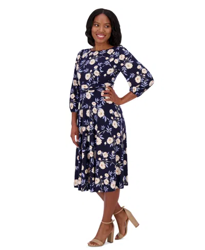 Jessica Howard Petite Floral-print Gathered-waist Dress In Navy | ModeSens