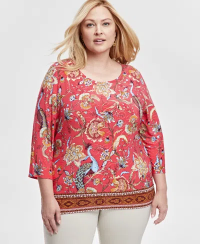 Jm Collection Plus Size Floral-print Jacquard 3/4-sleeve Top ...
