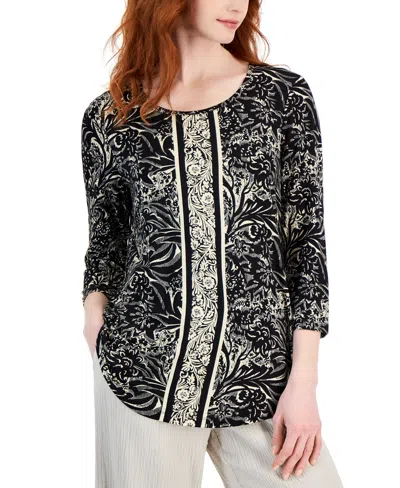 Jm Collection Women's Printed 3/4-sleeve Relaxed Knit Top, Created For ...