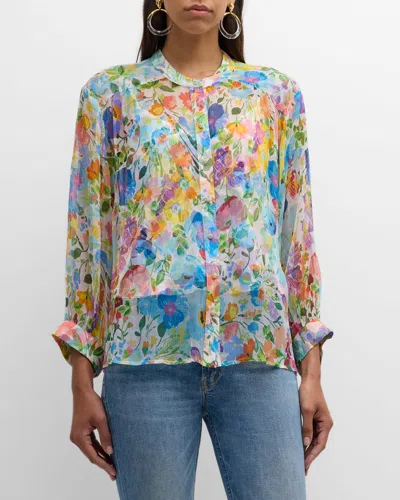 Johnny Was Hunni Floral-print Silk Chiffon Blouse In Wild Blooms | ModeSens