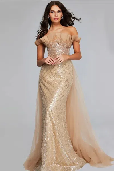 Jovani Off Shoulder Sequin Gown With Watteau Train In Gold | ModeSens