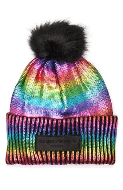 Kurt Geiger London Metallic Foil Beanie With Faux Fur Pompom In Rainbow ...