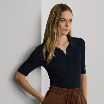 Lauren Petite Rib-knit Elbow-sleeve Polo Cardigan In Lauren Navy | ModeSens