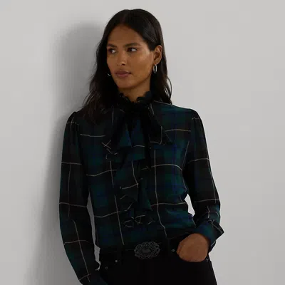 Ralph Lauren Plaid Ruffle-trim Georgette Blouse In Blue/black/green ...