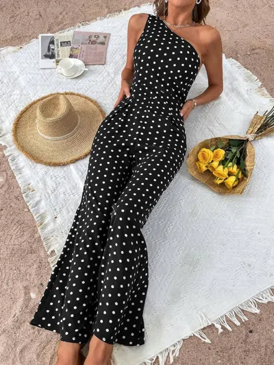Lily Clothing One Shoulder Strap Dot Jumpsuit In Black | ModeSens