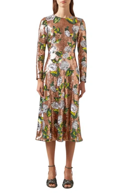 Lk Bennett Marcel Floral Sequin Long Sleeve Midi Dress In Rose Multi ...