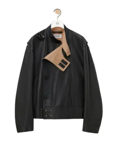 Loewe Logo Zipper Leather Jacket In Black | ModeSens