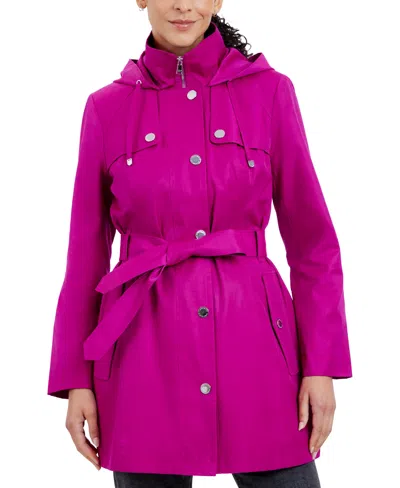 London Fog Petite Hooded Belted Zip-front Raincoat In Fuchsia | ModeSens