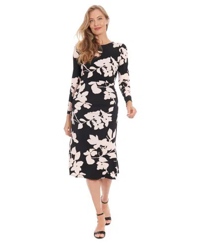 London Times Petite Floral Side-ruched Long-sleeve Midi Dress In Black ...