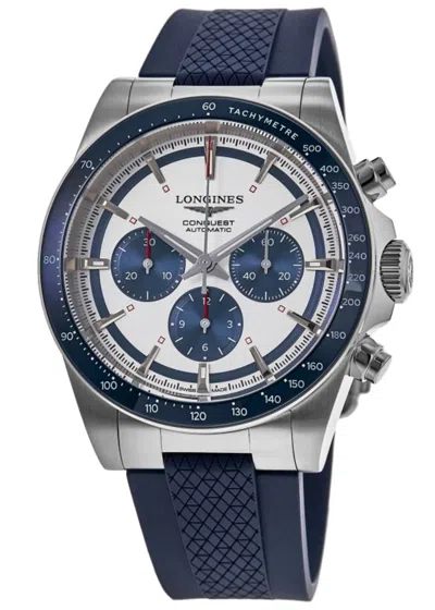 Longines Conquest Automatic Chronograph Silver Dial Blue Rubber Strap ...