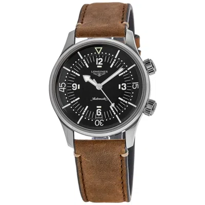 Longines Legend Diver Automatic Black Dial Leather Strap Men's Watch L3 ...