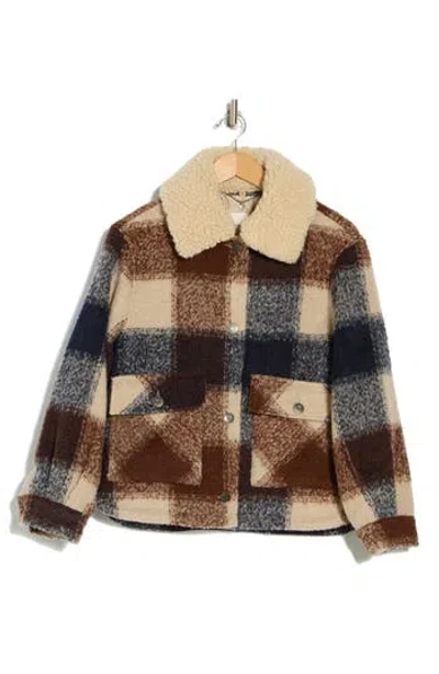 Lucky Brand Faux Shearling Collar Plaid Boxy Shacket In Blue Plaid ...