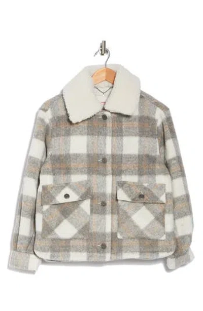 Lucky Brand Faux Shearling Collar Plaid Boxy Shacket In Grey White ...