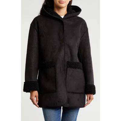 Lucky Brand Faux Shearling Lined Hooded Coat In Black | ModeSens