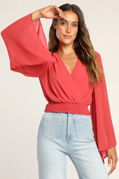 Lulus Loving Aura Coral Red Smocked Long Flutter Sleeve Top | ModeSens