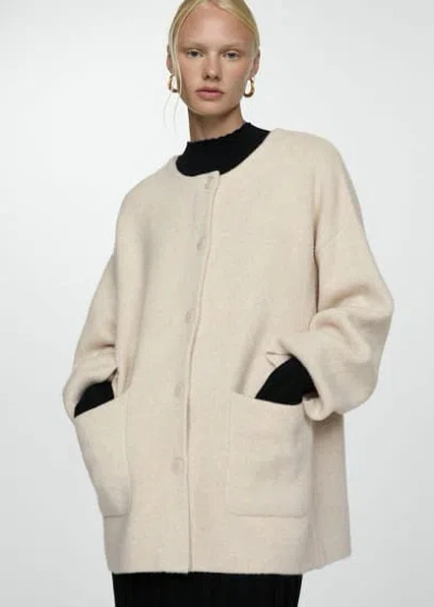 Mango Knitted Coat With Detachable Scarf Ecru In Écru | ModeSens
