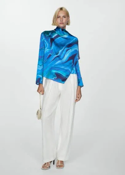 Mango Satin Printed Blouse With Draped Neck Blue | ModeSens