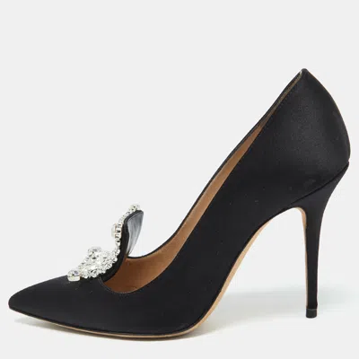 Pre-owned Manolo Blahnik Black Satin Borlak Crystal Embellished Pointed Toe Pumps Size 36.5 ...