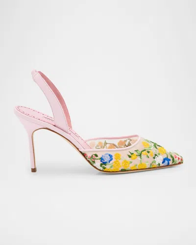 Manolo Blahnik Floral Embroidered Mesh Slingback Pumps In Multi Pattern ...