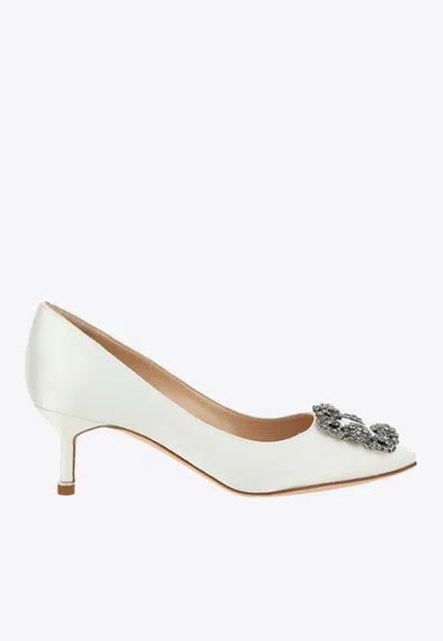 Manolo Blahnik Hangisi 50 Embellished Buckle Satin Pumps In White | ModeSens