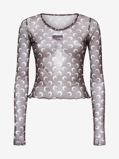 Marine Serre Moon Print Mesh Second Skin Crop Top In Brown | ModeSens