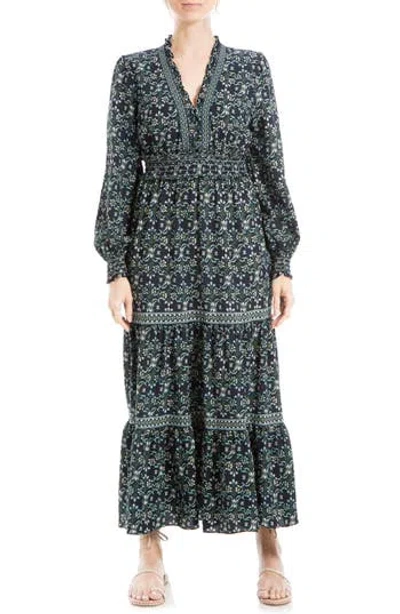 Max Studio Long Sleeve Tiered Maxi Dress In Navy/cream Floral | ModeSens