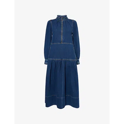 Me And Em Womens Mid Blue Relaxed-fit Frilled Cotton-denim Midi Dress ...