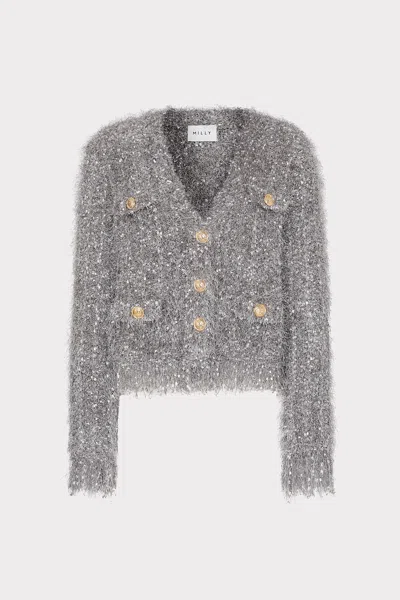 Milly Textured Fringe Cardigan In Silver | ModeSens