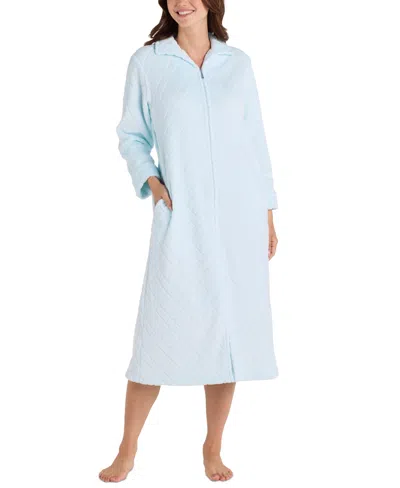 Miss Elaine Women's Long Zip-front Fleece Robe In Blue | ModeSens