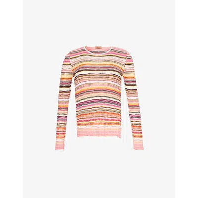 Missoni Womens Stripe Ribbed Crewneck Cotton-blend Knitted Top In Multicolor Pink Tones | ModeSens