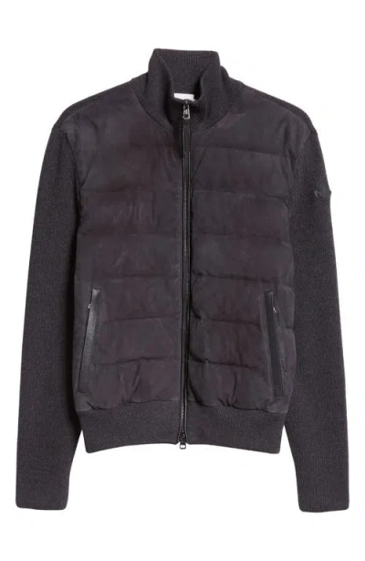 Moncler Mixed Media Quilt Front Virgin Wool Cardigan In Black Gray ModeSens