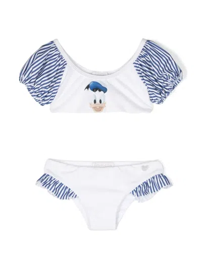 Monnalisa Kids' Donald Duck Ruffle-detail Bikini In White + Blue | ModeSens