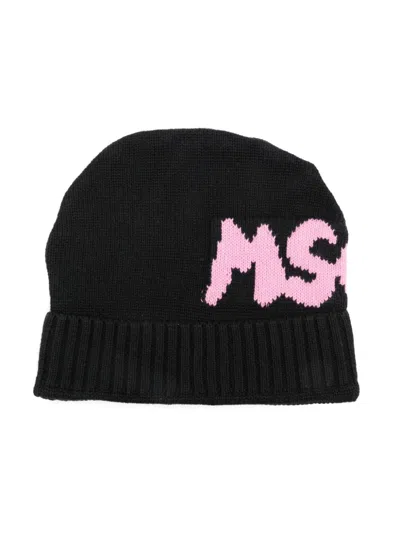 Msgm Kids' Logo-jacquard Beanie Hat In Black | ModeSens