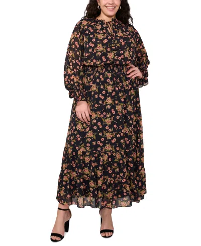 Msk Plus Size Long-sleeve Chiffon Tiered Maxi Dress In Black Multi | ModeSens