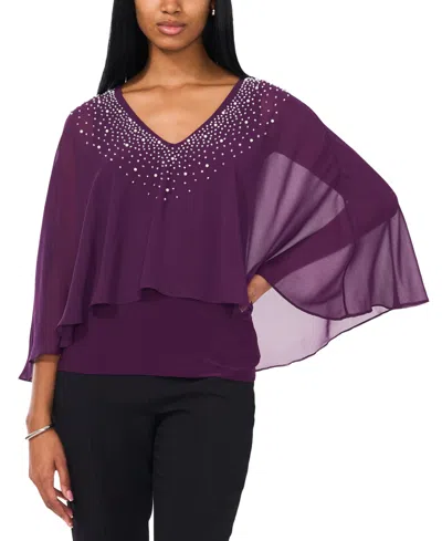 Msk Women's V-neck Embellished Overlay Top In Luxe Plum | ModeSens