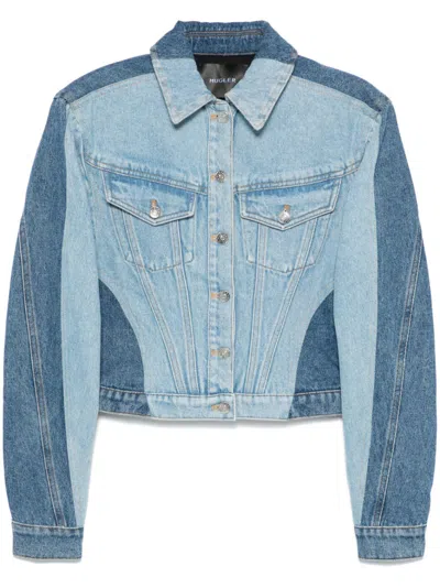 Mugler Colour-block Denim Jacket In Tokyo Blue/dark Blue | ModeSens