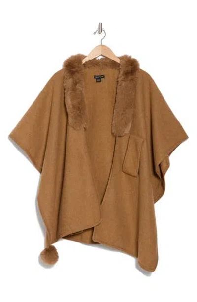 Nanette Lepore Elegant Faux Fur Trim Ruana In Camel | ModeSens