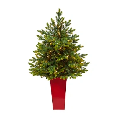 Nearly Natural In Red Planter 4 Foot Pre-lit Fir Christmas Tree In ...