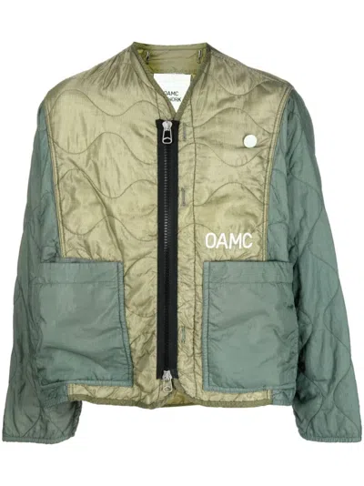 Oamc Re:work Contrast-sleeve Embroidered Padded Jacket In Green | ModeSens