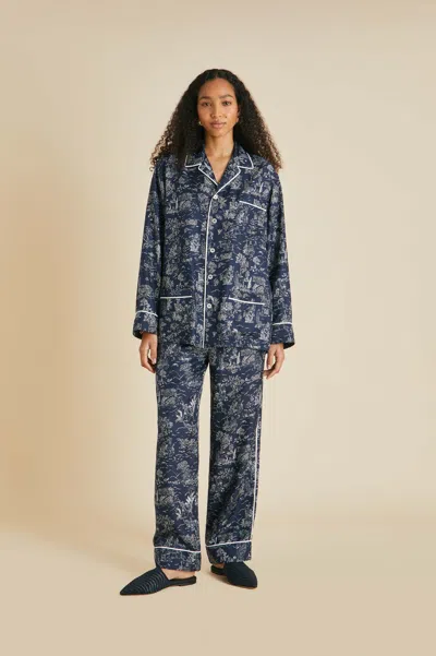 Olivia Von Halle Yves Erebus Navy Toile De Jouy Pyjamas In Silk Twill